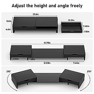Epesoware Dual Monitor Stand Riser with Adjustable Length and Angle, Bamboo Computer Riser with 2 Extra Drawers, Desk Organizer for Laptop, Computer No Assembly Required