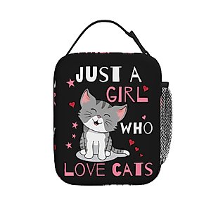 Kaeddi Cute Cat Lunch Bag Large Capacity Heat Insulated Lunch Box Leakproof Durable Portable Reusable Handbags Thermal Cooler Tote Bag, Just A Girl Who Loves Cats (One Size, Black)