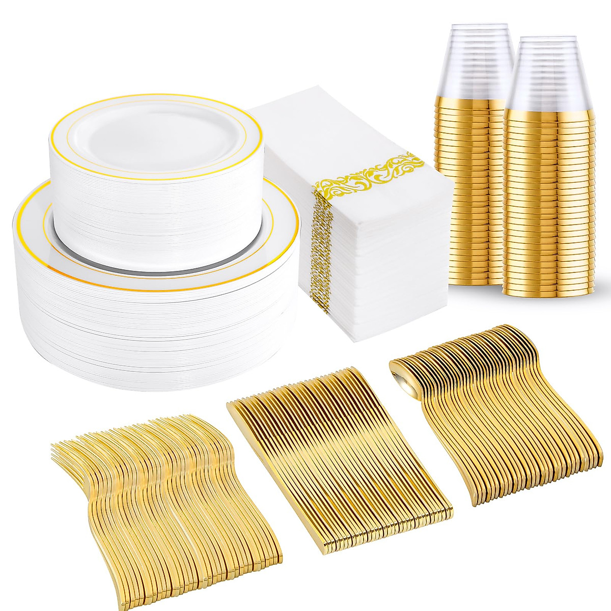 bUCLA 350PCS Gold Plastic Dinnerware Set - Gold Plastic Plates Disposable for 50 Guests Include 50 Dinner Plates,50 Dessert Plates,50 Forks,50 Knives,50 Spoons,50 Cups&50 Napkins for Party