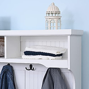 HOMCOM Hall Tree for Entryway, Coat Rack Shoe Bench with Bottom Storage, 4 Metal Double Hooks and 2 Shelves for Hallway, Living Room, White