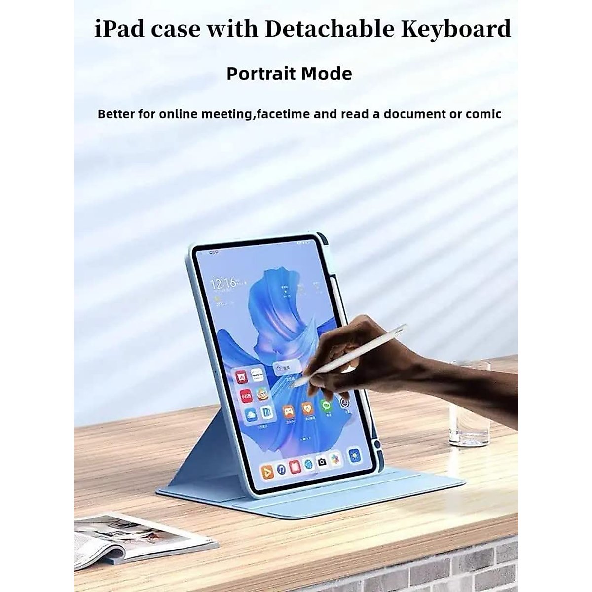 AnMengXinLing Rotating Keyboard Case for iPad 9th /8th /7th Gen 10.2 Inch, Vertical Case for iPad 9/iPad 8/iPad 7 with Detachable Keyboard Mouse,Clear Cover with Pencil Holder, Blue