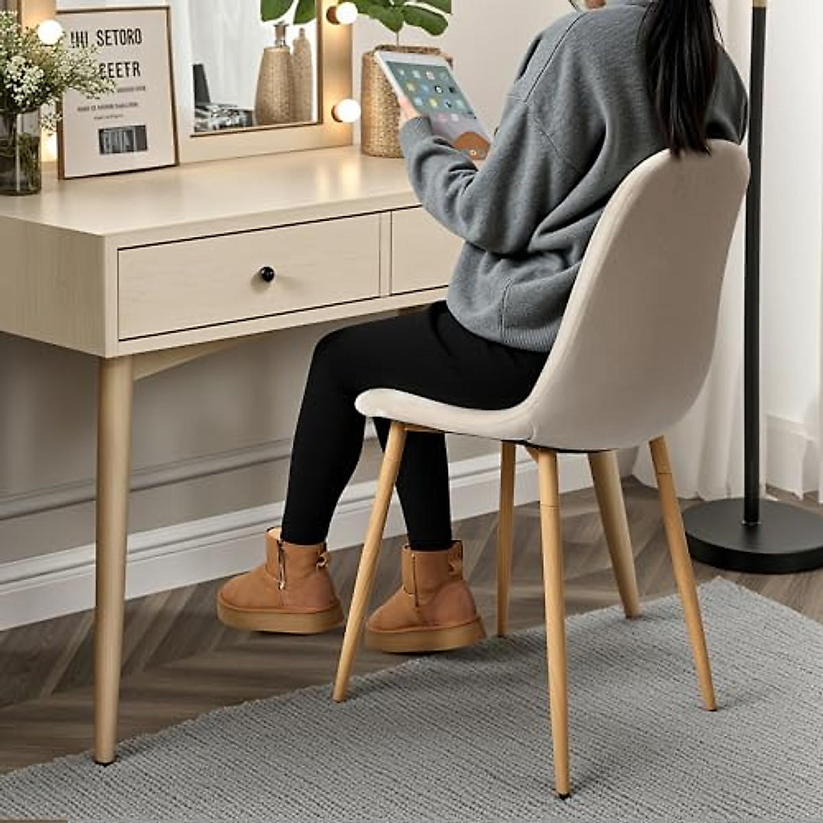 CangLong Dining Chairs Set of 2 with Upholstered Cushion Seat Back & Metal Legs, Morden Armless Accent Chairs for Kitchen, Living Room, Light Grey