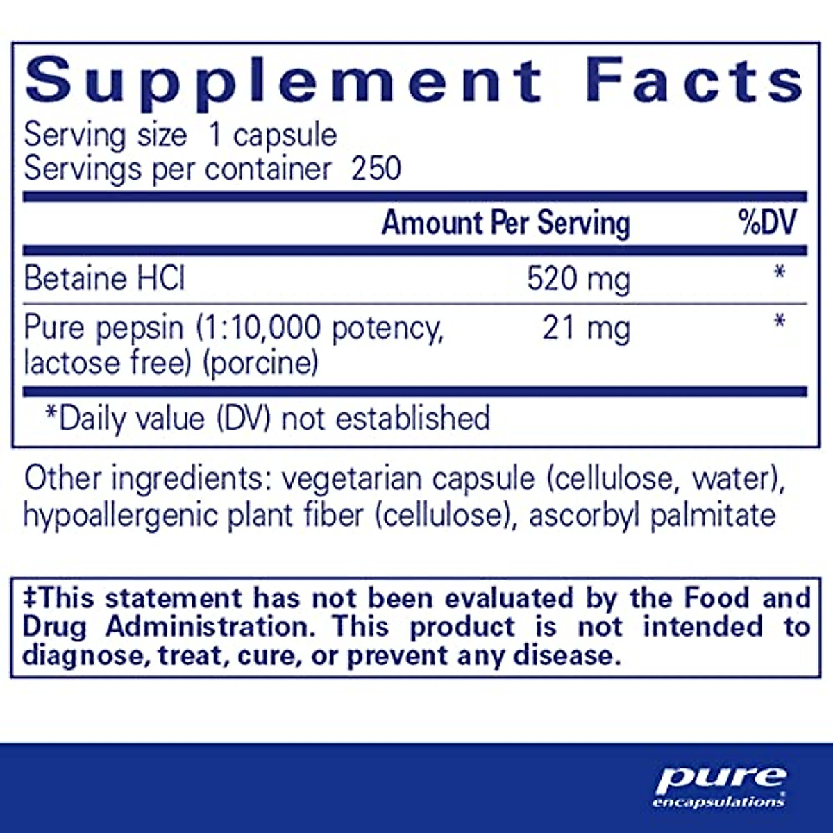 Pure Encapsulations Betaine HCl Pepsin | Digestive Enzyme Supplement for Digestive Aid and Support, Stomach Acid, and Nutrient Absorption* | 250 Capsules
