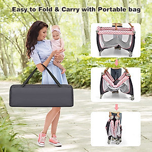 BABY JOY 4 in 1 Pack and Play, Portable Baby Playard with Bassinet, Side Zipper Door, Changing Table, Indoor Outdoor Travel Nursery Center w/Toy Bar, Lockable Wheels, Carry Bag