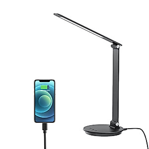 Mongery LED Desk Lamp, Table Lamp with Touch Control USB Charging, Eye-Caring Desk Lamp Aluminum Multiple Angle Adjustments LED Light for Office, Home, Reading and More, Black