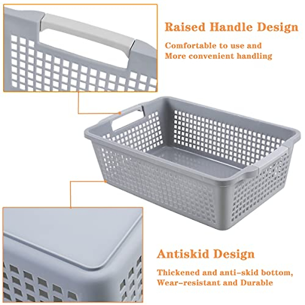 LOSYHU 6Pack Plastic Storage Baskets, Woven Plastic Baskets, Gray Small Weave Bins Organizer for Kitchens, Cabinets, Bathrooms, Bedrooms, Countertop, under Sink or on Shelves (11.2"x7.5"x3.8")