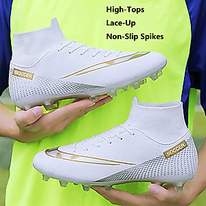 Men's Football Cleats with High-Top Non-Slip Spikes Ankle Supports Indoor Outdoor Firm Ground Soccer Shoes White EU 42 US 9