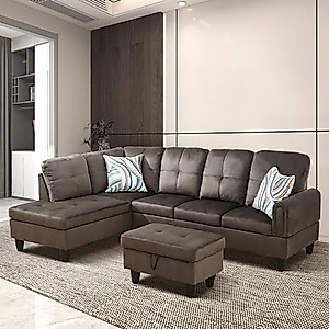 EOVTK L-Shape Upholstered Sectional Sofa Set with Left Facing Chaise Lounge and Storage Ottoman, 97'' Flannel Corner Couch for Living Room Furniture Apartment and Office, Dark Brown