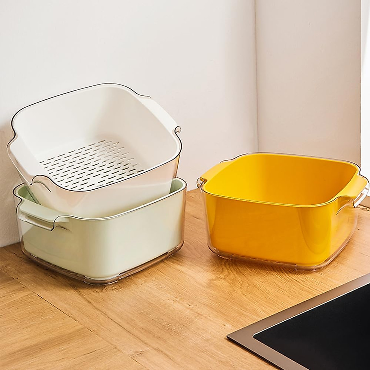 8.2 QT Fruit Strainer Colander Bowl Set, Kitchen Nesting Vegetable Fruit Washing Soaking Basket, 2 in 1 Large Plastic Food Storage Container Basin for Pasta Salad Berry Drain BPA Free, Light Green