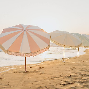 Beach State Summerland 6.5 Feet Beach Umbrella with Fringe - Outdoor Umbrella - UV50+ Sun Protection (Pink Salt Stripes)