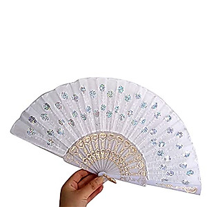 PHONME Spanish Lace Silk Folding Hand Held Dance Fan Vintage Peacock Feather Pattern Decorative Fan for Party Wedding Stage Performance Vintage style (Color : Khaki)