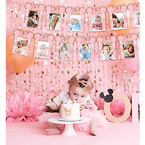 Cartoon Mouse Photo Banner Pink and Gold Newborn to 12 Month Birthday Banner for Cartoon Mouse Themed 1st Birthday Decorations Supplies