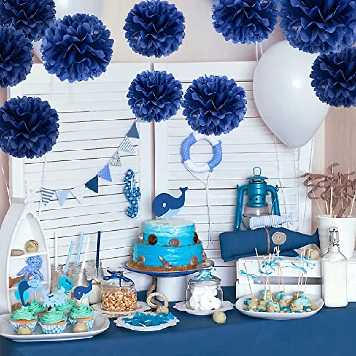 10 Pcs Paper Pom Poms Flowers for Wedding, Birthday Party, Baby Shower, Nursery Decor, Bachelorette Party Hanging Decor, Easy Joy (10 inch, Navy Blue)