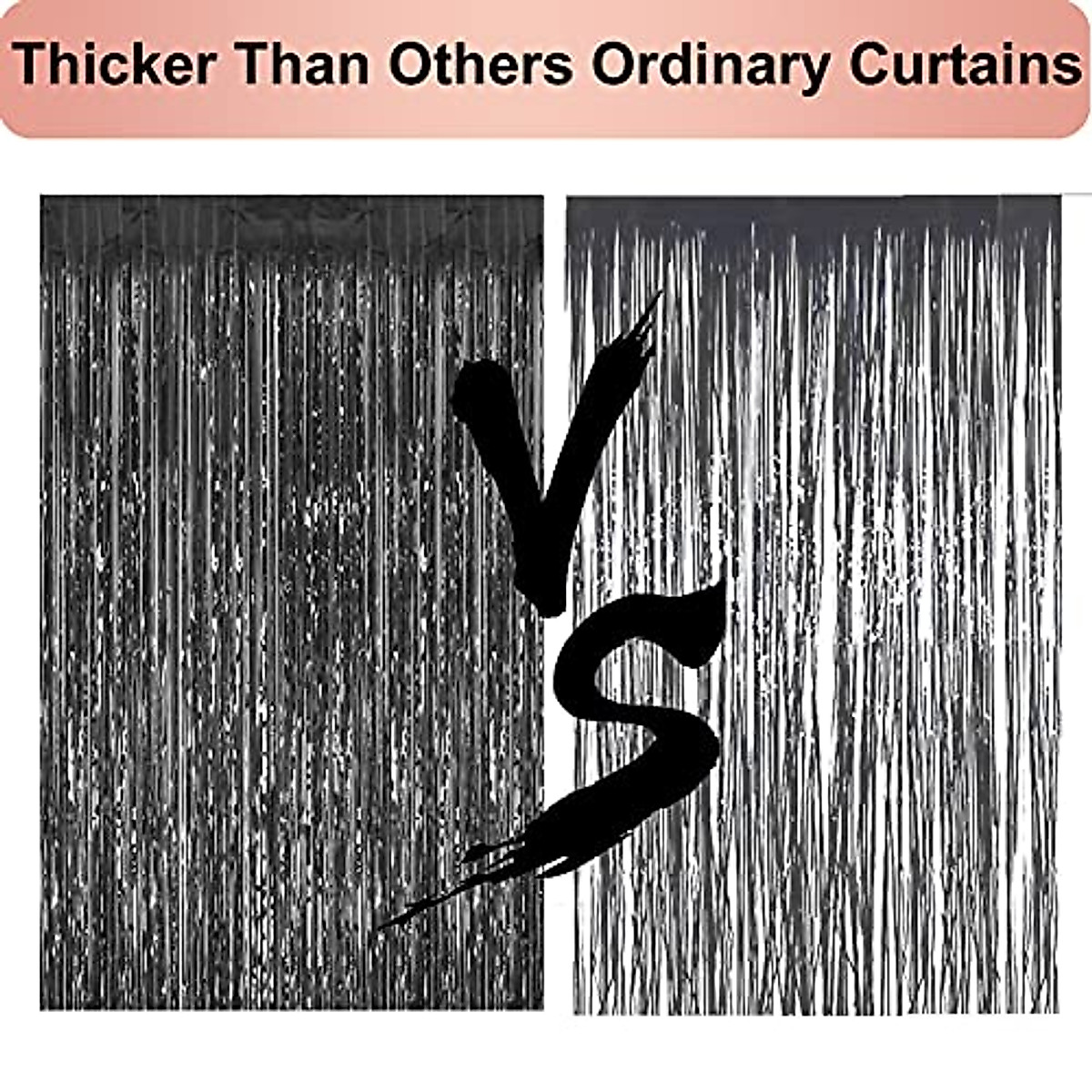 4 Packs 2 Black and 2 Rose Gold Foil Fringe Curtains, 3.2 ft x 8.2 ft Tinsel Curtains with Adhesive, Photo Booth Backdrop for Birthday, Graduation Party Decorations (Black and Rose Gold, 4pcs)