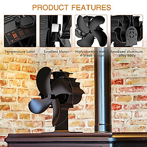 Sterktlys Wood Stove Fan, 4-Blade Heat Powered Stove Top Fan with Temperature Label, Magnetic Stove Thermometer, Efficient Heat Distribution & Silent Operation, for Fireplace, Log Burner, Pellet Stove