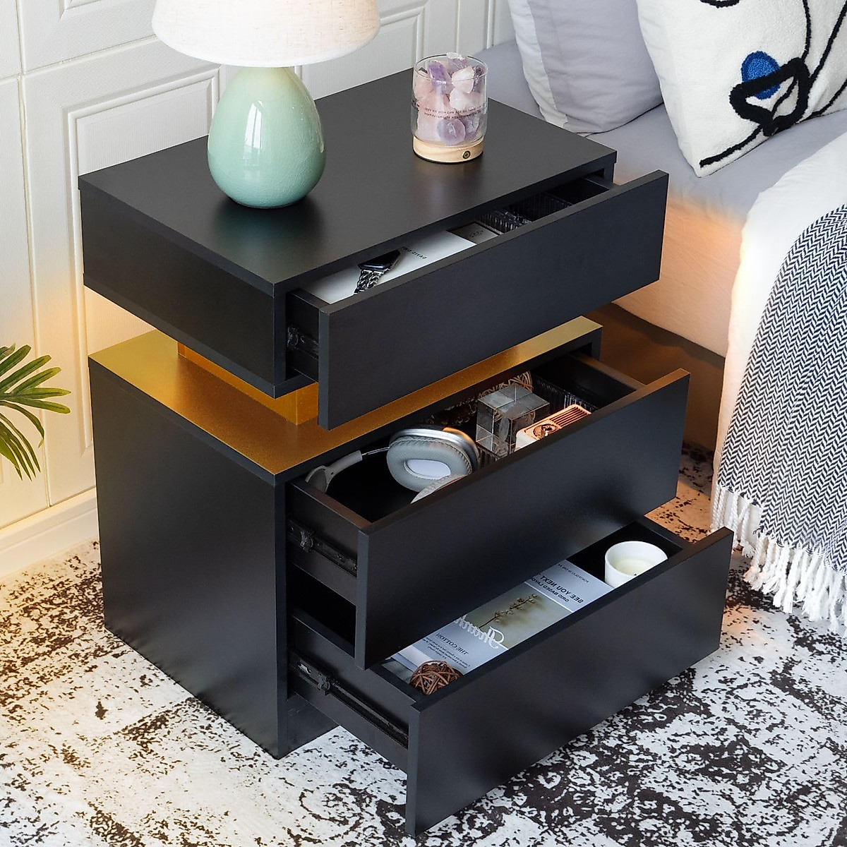 Bingoday LED Nightstand Black Modern Night Stand with 3 Drawers LED Bedside Tables for Bedroom End Tables with LED Strip Lights (Black)
