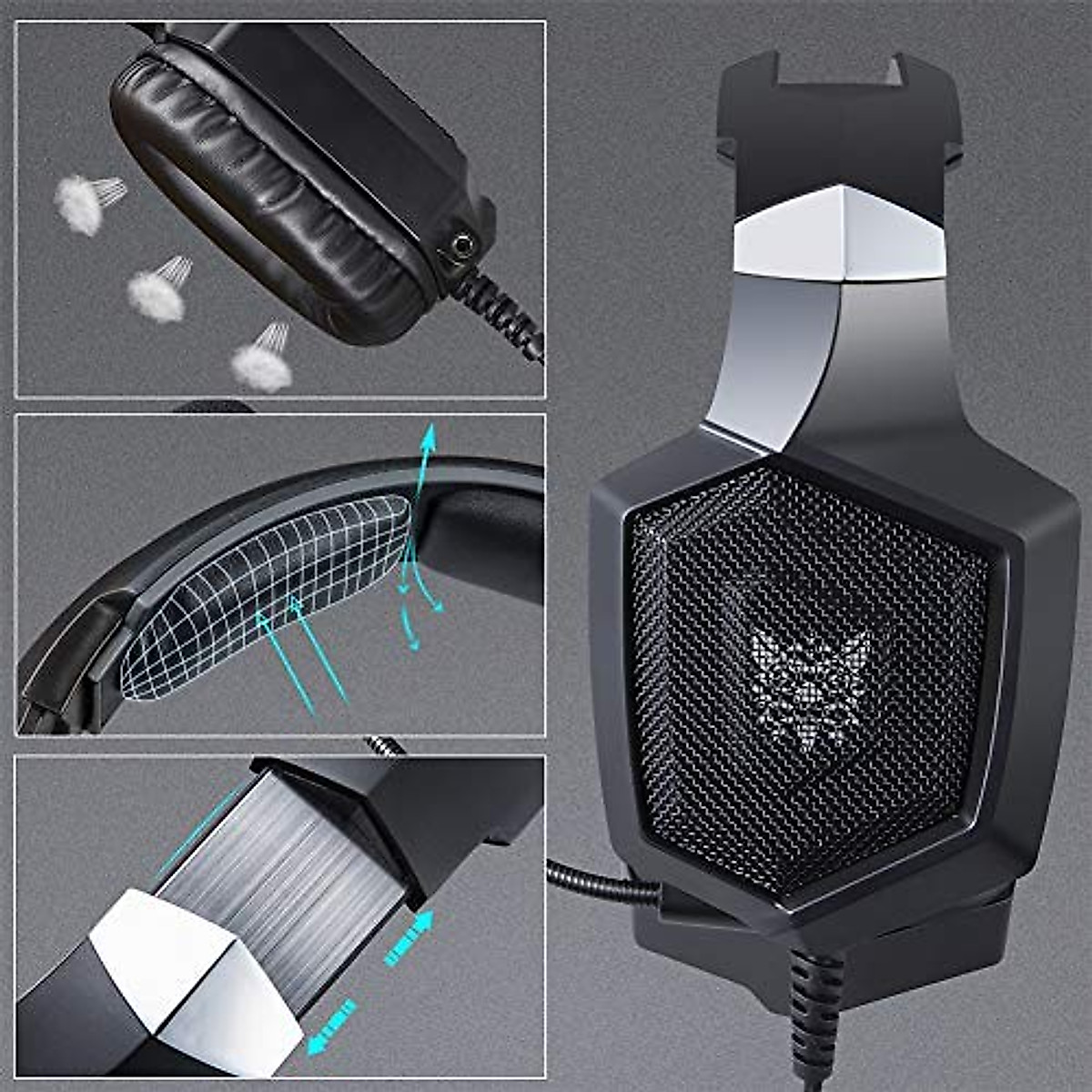 Gaming Headset for Xbox with Mic, OPPSK Gaming Headset for PS4, PC Surround Sound Over-Ear Headphones Compatible with Noise Canceling, LED Light, Soft Memory Earmuffs, Volume Control