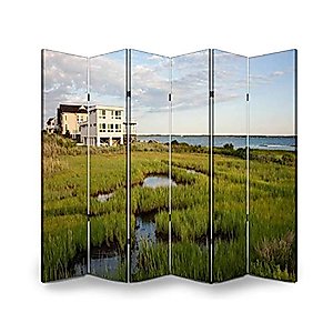 Dola-Dola Wood Screen Room Divider House in The Hamptons Folding Screen Waterproof Canvas Panels Indoor Portable Privacy Dual-Sided Display Shelves 6 Panels