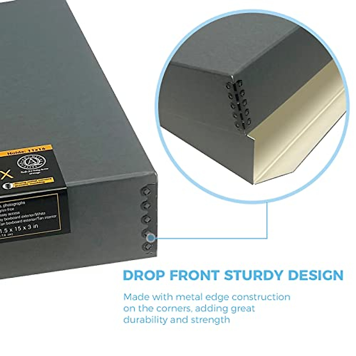 Lineco Museum Storage Box, Archival Quality Acid-Free Buffered Drop Front Design with Metal Edges Removable Lid, 11x14 Inches, Photo Organizer Store and Protect Prints, Blue / Gray Exterior