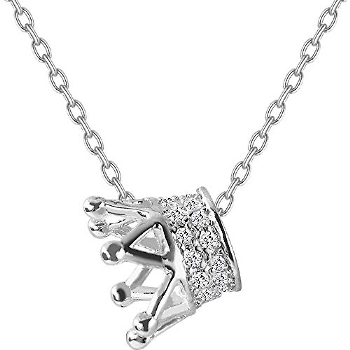 Princess Crown Charm Necklace for Women Girls 925 Sterling Silver Delicate Cute Crystal CZ Queen Royal Tiara Pendant Luck Choker 18" Silver Chain Adjustable Dainty Wedding Jewelry Gift (Silver)