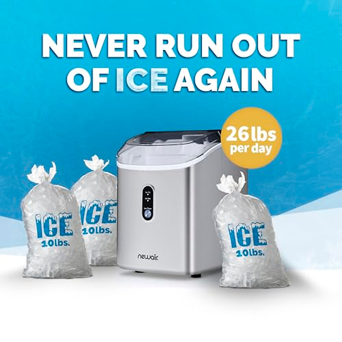 Newair Nugget Countertop Ice Maker Machine | 26 lbs. | Sonic Ice Maker in Stainless Steel, Self-Cleaning Function, Refillable Water Tank, Perfect Canes Ice for Kitchens, Offices, Home Coffee Bars