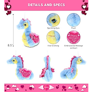 DolliBu Happy Mother's Day Super Soft Plush Blue Seahorse Doll Figure - Cute Stuffed Animal with Pink Heart Message for Best Mommy, Grandma, Wife, Daughter - 8.5" Inches