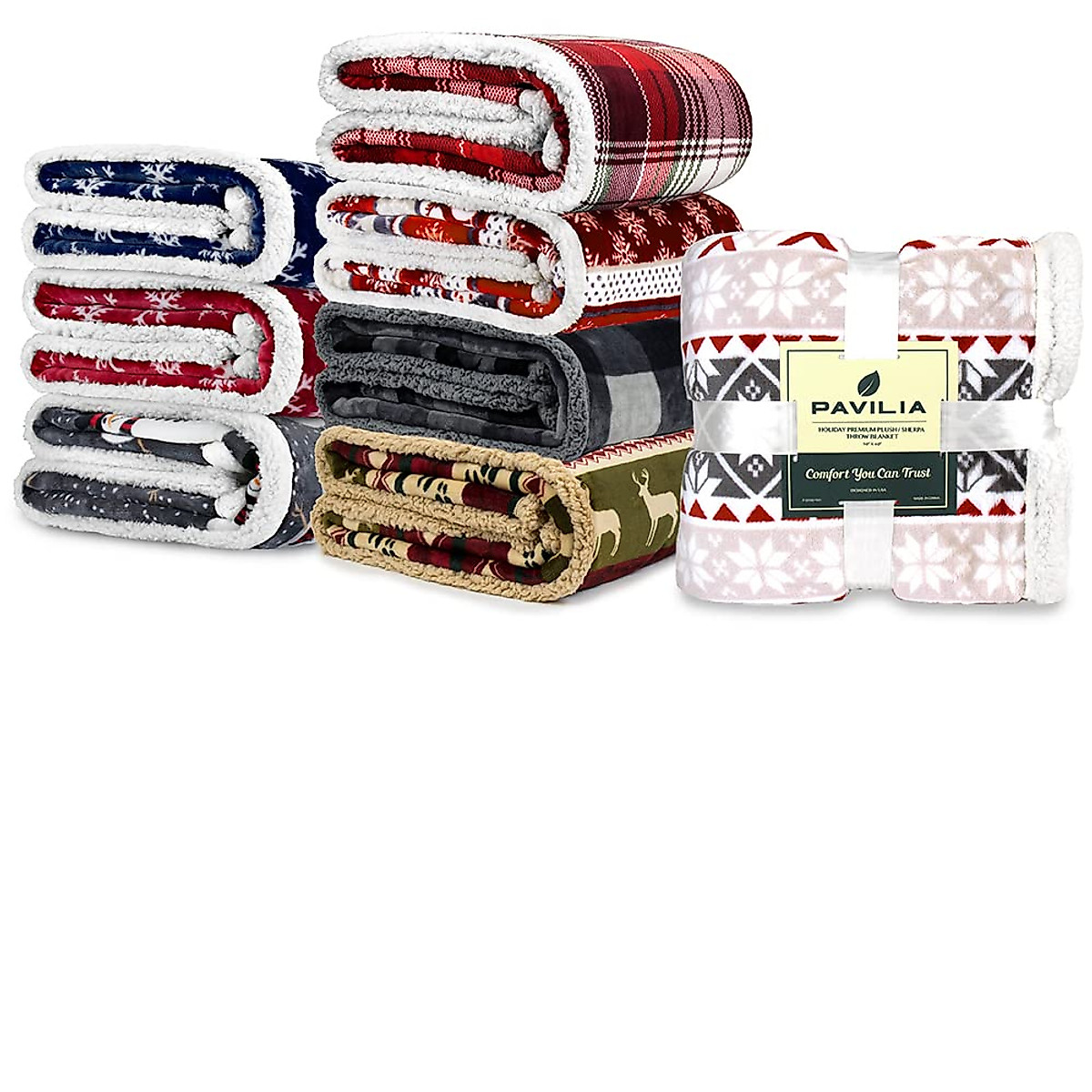 PAVILIA Premium Christmas Blanket Sherpa Fleece Throw| Plush Christmas Decoration, Reindeer, Cozy Reversible Winter Holiday Cabin Blanket for Sofa Couch 50x60