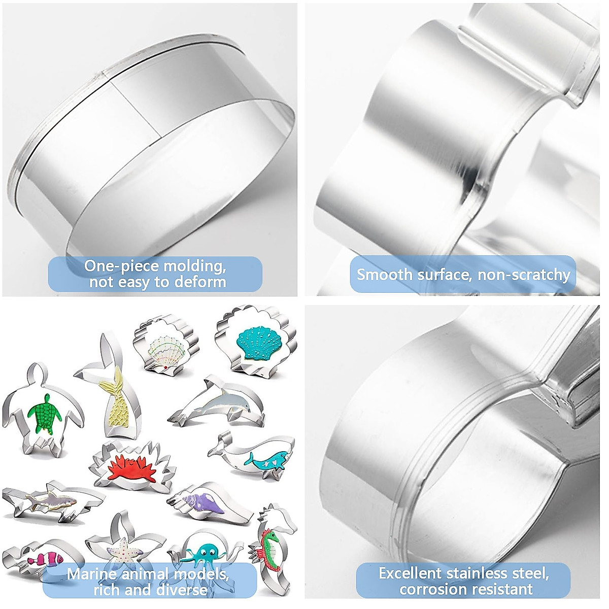 TINGSING Cookie Cutters 13-Piece Under The Sea Cookie Cutter Set with Recipe Booklet, Shark, Whale, Fish, Mermaid Tail, Sea Turtle