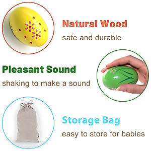 Ehome Easter Egg Shakers Easter Basket Stuffers, 6Pcs Wooden Percussion Musical Shake Prefilled Easter Eggs for Toddler, Easter Egg Fillers, Montessori Maracas for Kids Baby with Storage Bag