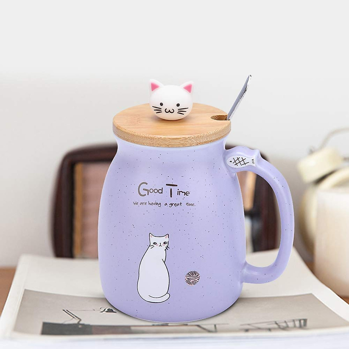 Fdit Lovely Cat Ceramic Cup with Spoon and Lid Coffee Water Milk Mug for Drinkware (Purple)