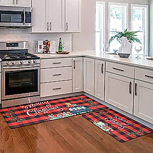 Pauwer Merry Christmas Kitchen Rugs Set of 2, Farmhouse Red Buffalo Plaid Kitchen Floor Mat, Non Slip Anti Fatigue Kitchen Mats for Floor, Cushioned Kitchen Rug Set Christmas Decorations for Home