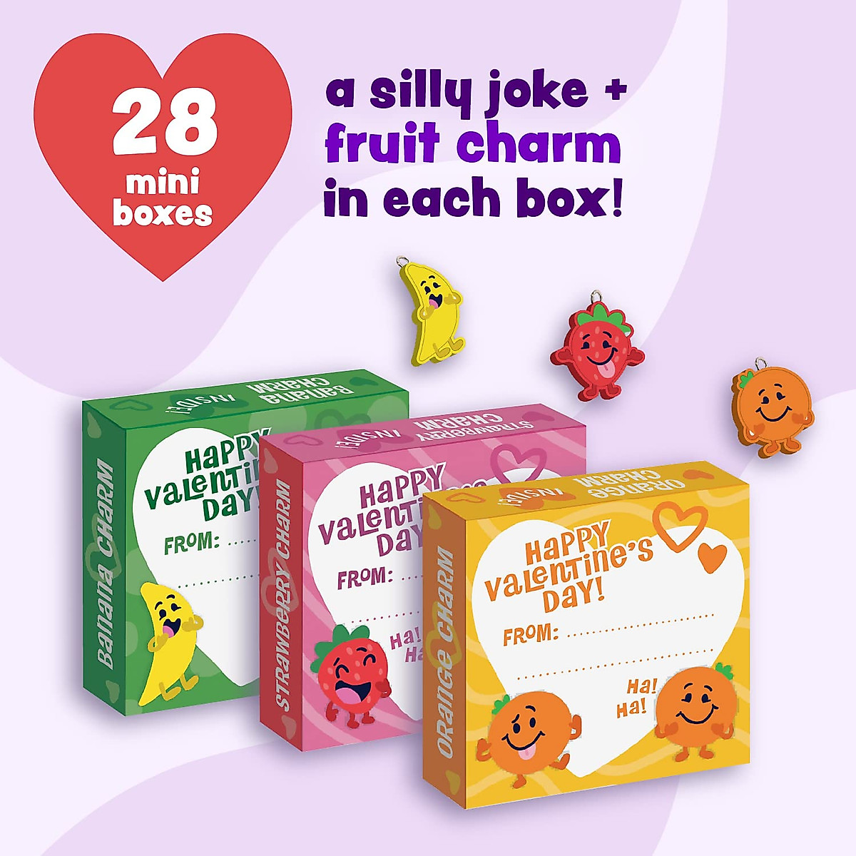 Peaceable Kingdom Valentines Cards for Kids Classroom, Set of 28 Valentines Day Gifts - Silly Jokes with Fruit Charms