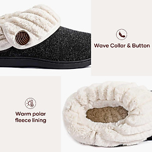 Wishcotton Women's Wool Cozy Memory Foam Winter Slippers Indoor Outdoor with Fuzzy Faux Fur Collar, Black, Size 9
