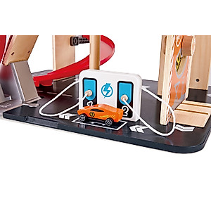 Hape Gearhead Stunt Garage Kids Wooden Toy Car Parking Garage Playset w/Elevator and 2 Exit Tracks, Detachable Loop, Includes 2 Wooden Toy Racecars