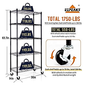 EZPEAKS 5-Shelf Shelving Units and Storage on 3'' Wheels with Shelf Liners Set of 5, NSF Certified, Adjustable Heavy Duty Carbon Steel Wire Shelving Unit (30W x 14D x 63.7H) Pole Diameter 1 Inch