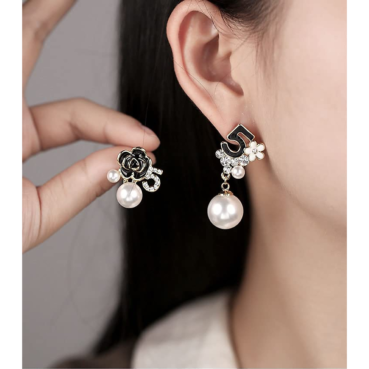Imitation Pearl Elegant Rhinestone Drop Earrings Number Five Asymmetrical Earrings
