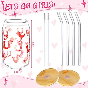 Yaomiao 4 Sets Glass Cups with Bamboo Lids and Straws, 16 oz Drinking Beer Can Iced Coffee Cup with Lid Straw and Cleaning Brush Reusable Tumbler Drinking Glass Coffee Gift Idea (Cowgirl)