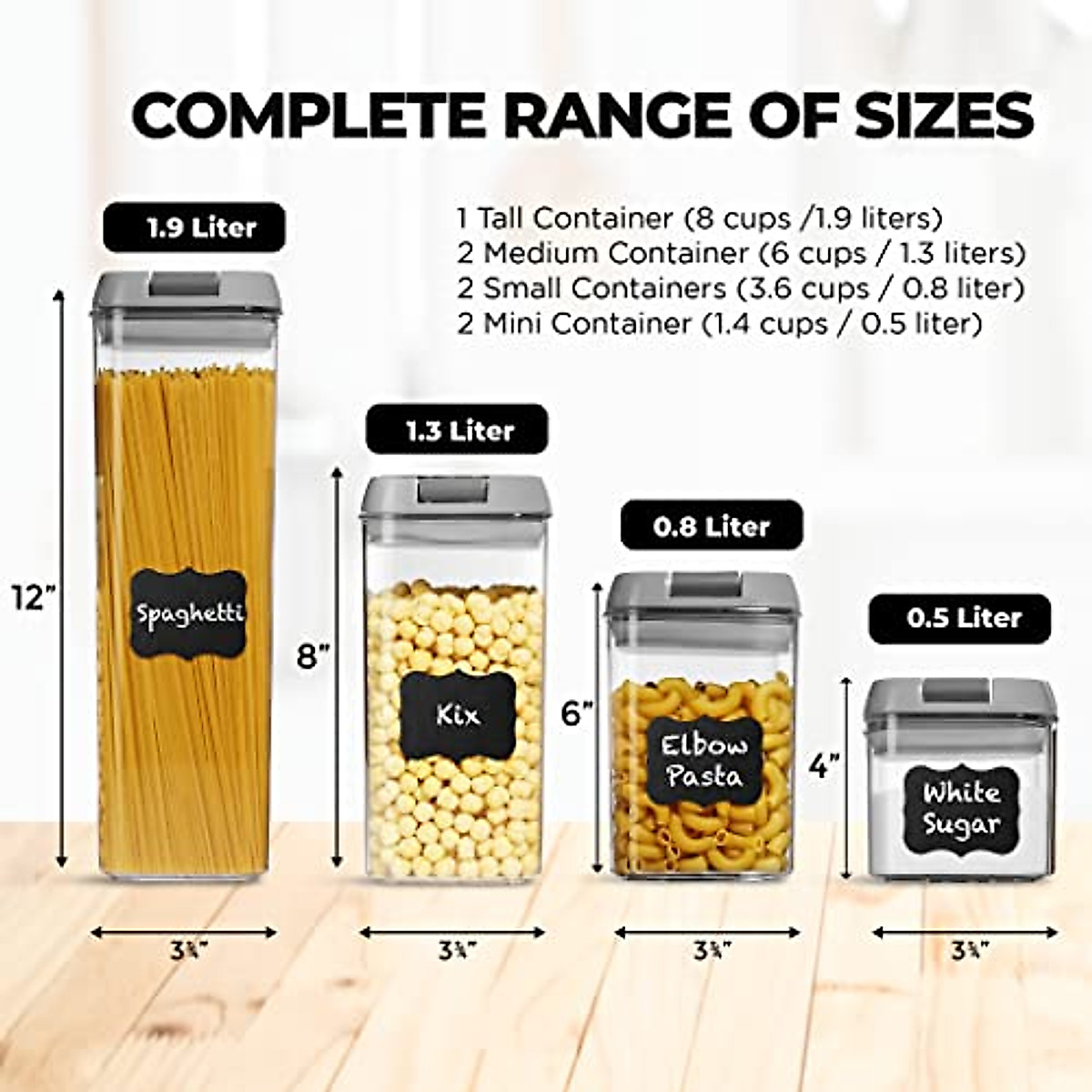 Shazo Airtight Container Set for Food Storage - 7 Piece Set + Heavy Duty Plastic - BPA Free - Airtight Storage Clear Plastic w/Gray Interchangeable Lids kitchen counter storage Bin -18 Labels+Marker