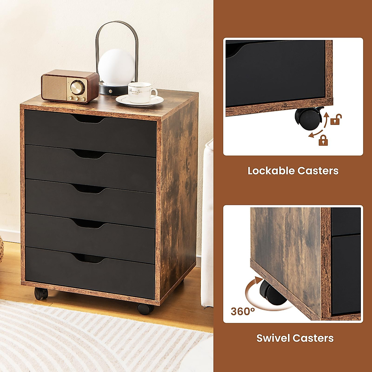 Giantex 5-Drawer Storage Cabinet, Mobile File Cabinet with Drawers, Wheels, Rolling Lateral Filing Cabinet Under Desk, Chest of Drawers, 19.5" x 16" x 25.5" Office Cabinet for Living Room, Study