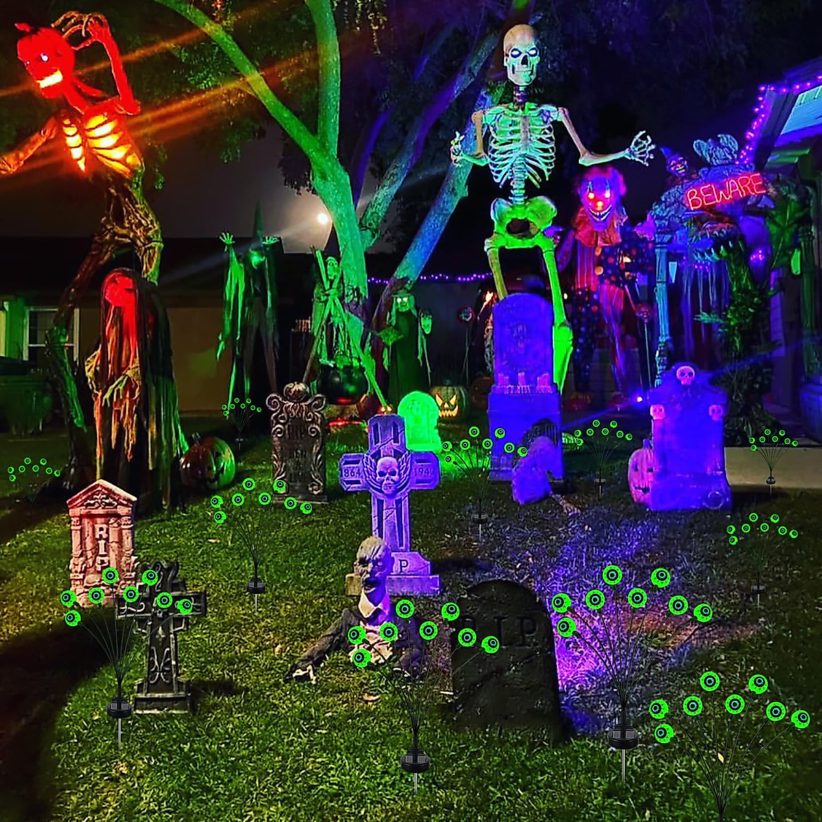 Halloween Solar Light Outdoor Decorations,2 Pack Solar Lights with 16 Treat Eyeballs,Swaying Firefly Light for Halloween Outside Patio Path Yard Decor (Green)