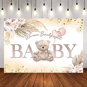 Aumeko Boho Bear Baby Shower Backdrop Bohemian Pampas Grass Pink Bear Baby Shower Background We can Bearly Wait Couples Co-Ed Shower Banner Decoration Supplies for Girls