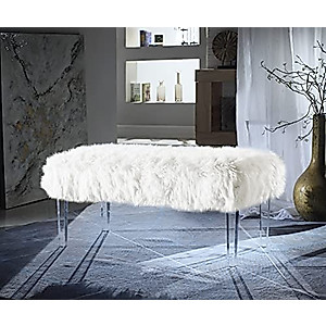 Iconic Home Trento Modern Contemporary Faux Fur Acrylic Leg Bench, White