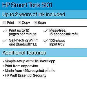 HP Smart-Tank 5101 Wireless All-in-One Ink-Tank Printer with up to 2 Years of Ink Included (1F3Y0A)