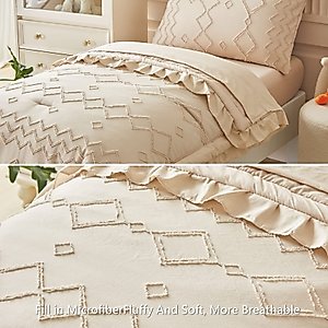 AIKASY Toddler Bedding Set 4 Pieces Super Soft Comforter Set, Shabby Boho Bohemian Design for Boys and Girls（Ruffle Fringe Comforter, Flat Sheet, Fitted Sheet and Pillowcase）- Khaki