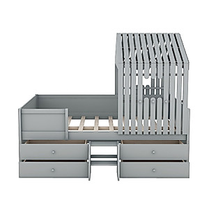 Harper & Bright Designs Full Size House Bed for Kids, Full Size Platform Bed with Storage Drawers and Roof, Hardwood Low Loft Bed Frame for Girls Boys (Gray)