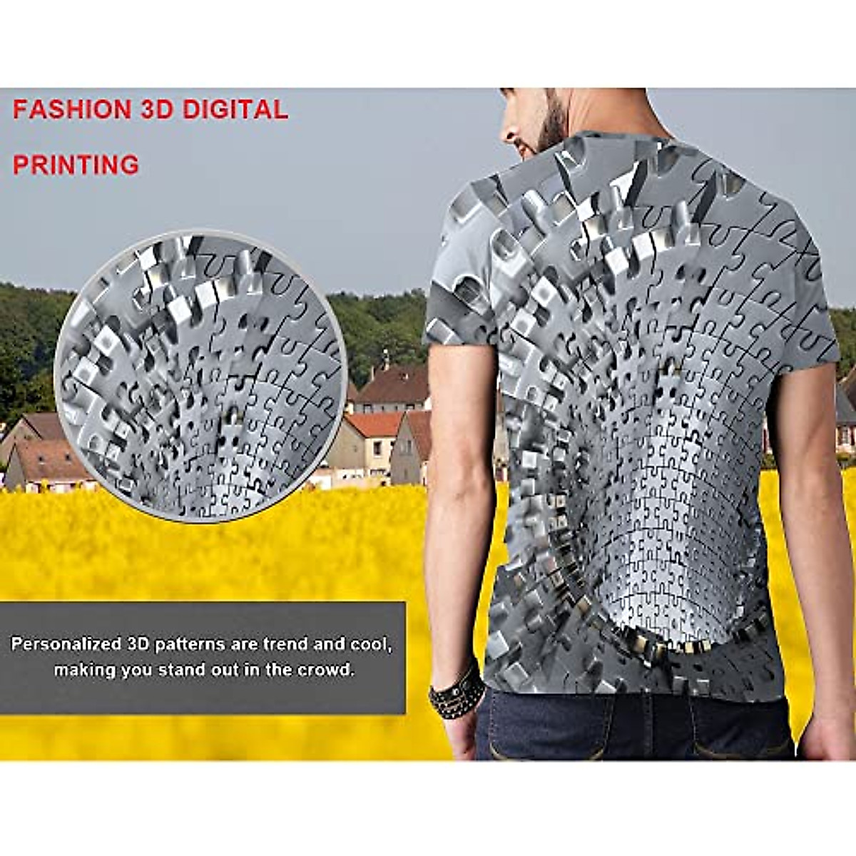 Men's Novelty T Shirt 3D Puzzle Swirl Printing Pattern Shirts Round Neck Casual Short-Sleeved for Men Grey
