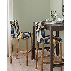 Navy Blue Gold Bar Stool Chair Covers with Backs Set of 4,Stretch Pub Counter Height Chairs Slipcovers Furniture Seat Protector for Kitchen Dining Room Cafe,Marble Modern Art Abstract Gradient Gray