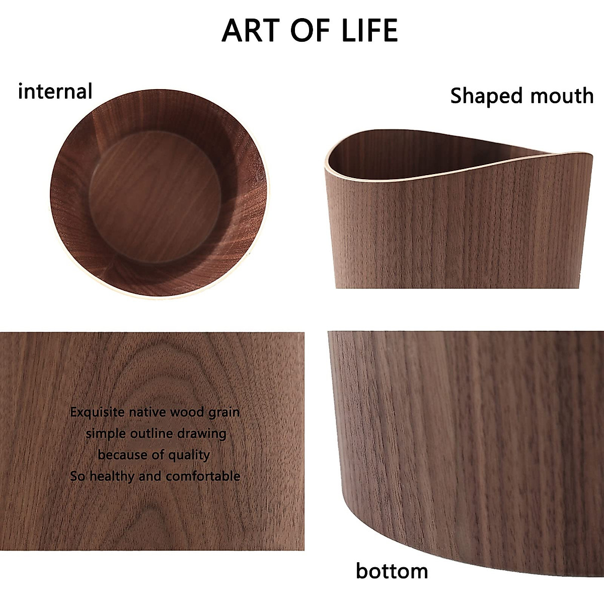 Solid Wood Trash Can Simple Household Storage Bin/Office Paper Basket, Retro Solid Wood Design Hotel Bedroom Bathroom Wooden Trash Can 23.5 × 30 × 19.5Cm (Walnut-Curved)