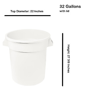 SunSierra 32 Gallon Round Commercial Trash Can with Wheels, Commercial Garbage Can with Lid and Dolly, Mobile Multi-Purpose Plastic Container, White