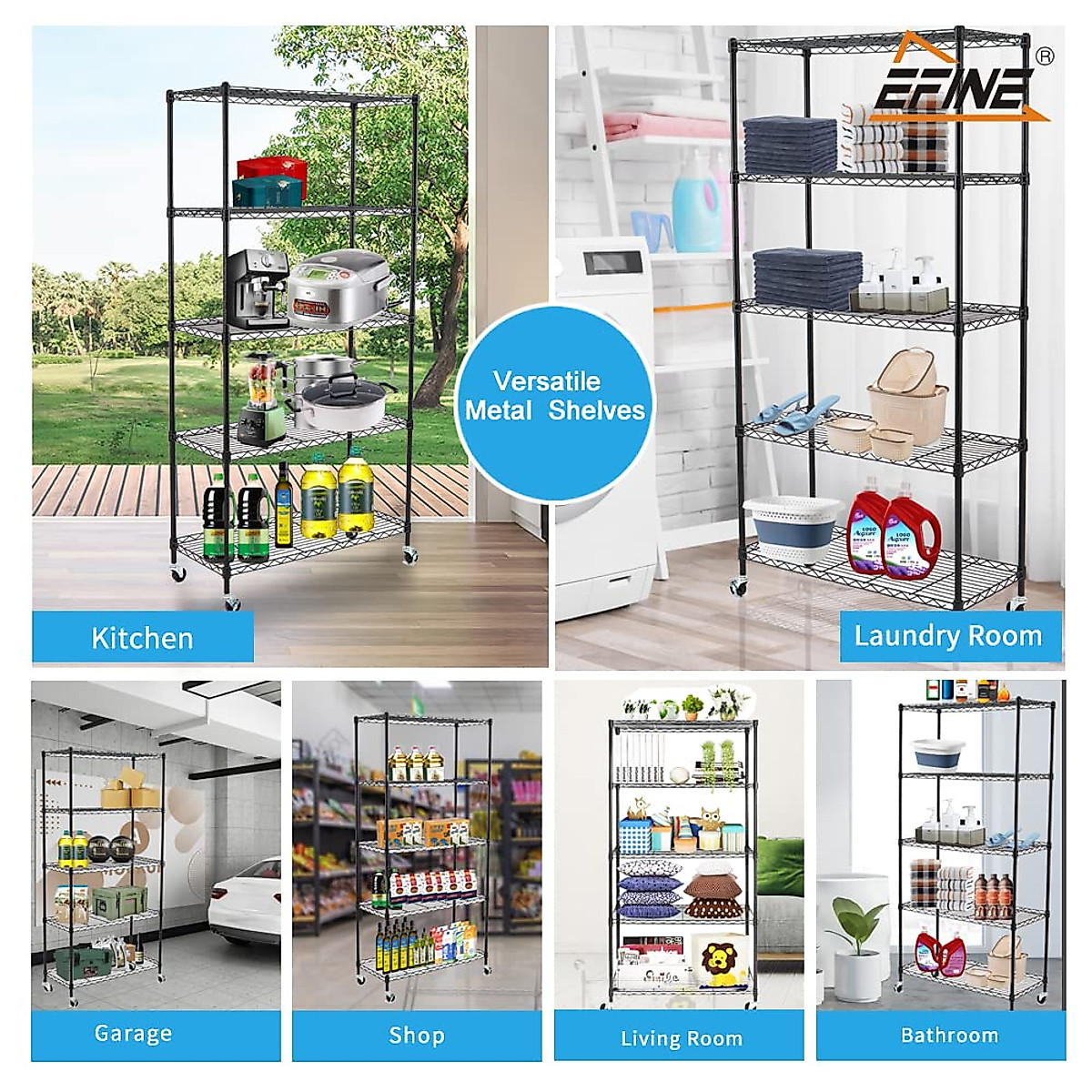 EFINE 5-Shelf Shelving Units and Storage on Wheels with Shelf Liners Set of 5, NSF Certified, Adjustable Carbon Steel Wire Rack for Garage, Kitchen, Office(63H X 30W X 14D)